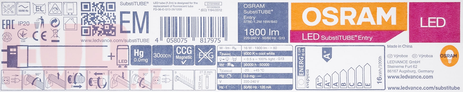 Trubice LED Osram SubstiTUBE, 16 W, 4000 K, 1800 lm, T8, G13, 120 cm 199 Kč