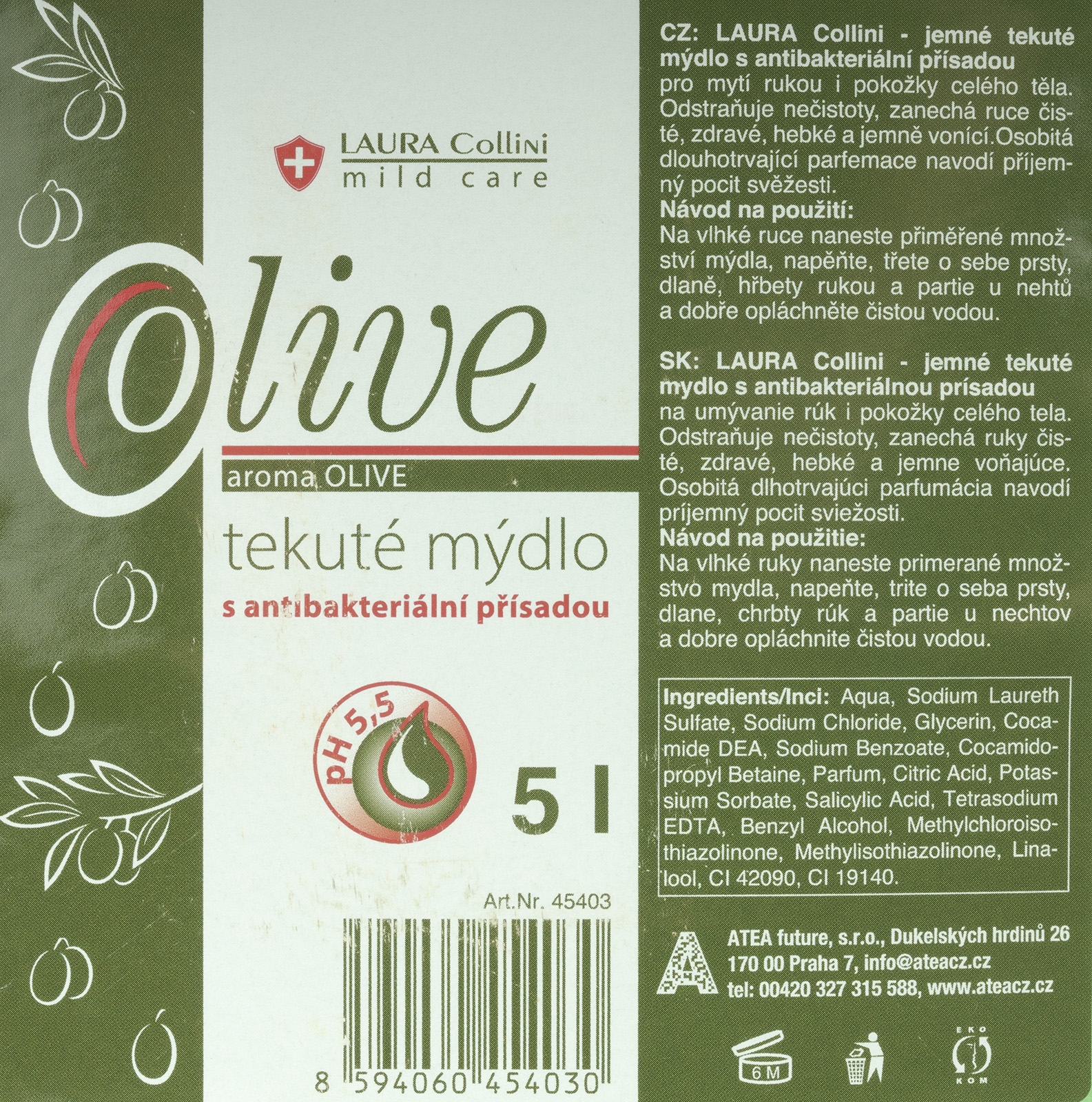 Mýdlo Laura Collini antibakteriální tekuté Olive 5 l 109 Kč